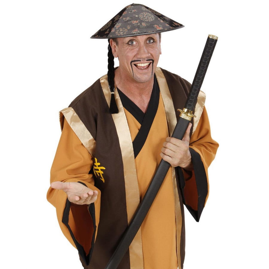 Chapeau chinois noir avec motifs et tresse noire