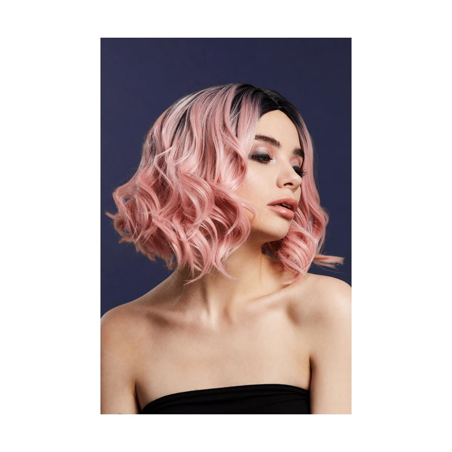 Perruque rose pastel courte bouclée avec racines