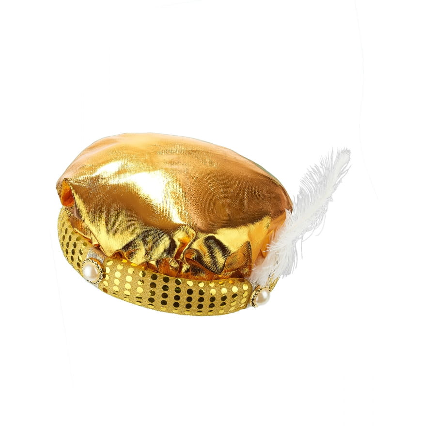 Turban doré de sultan avec plume blanche
